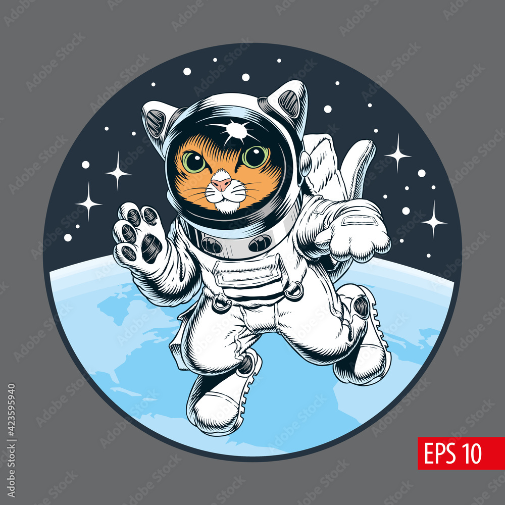Cute cat astronaut in spacesuit floating in outer space. Comic style ...