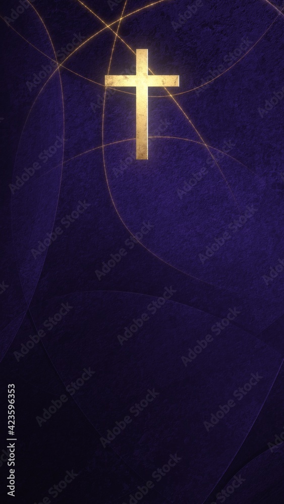 Golden Christian Cross on liturgic purple vertical copy space banner ...