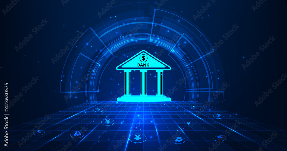 Banking Technology concept.Isometric illustration of bank on dark blue ...