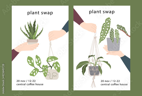 Plant swap, indoor plants exchange. Flyer for swap party. Houseplants ...