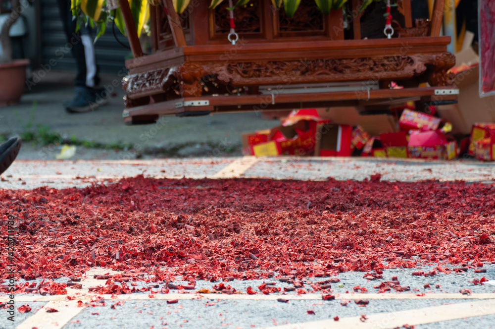 The sedan chair passes through firecracker. Taiwan Folk temple activity ...