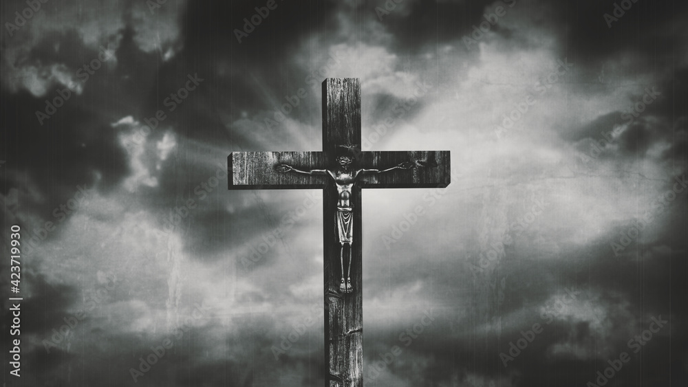 Jesus Christ crucified at Golgotha hill outside ancient Jerusalem. The ...