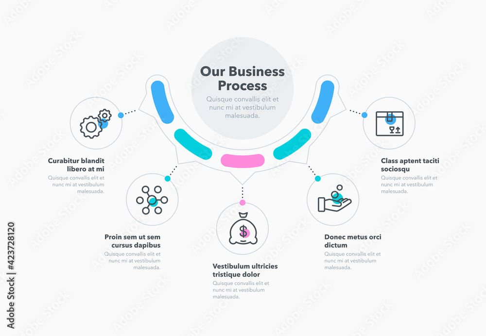 Simple concept for business process diagram with five steps and place ...