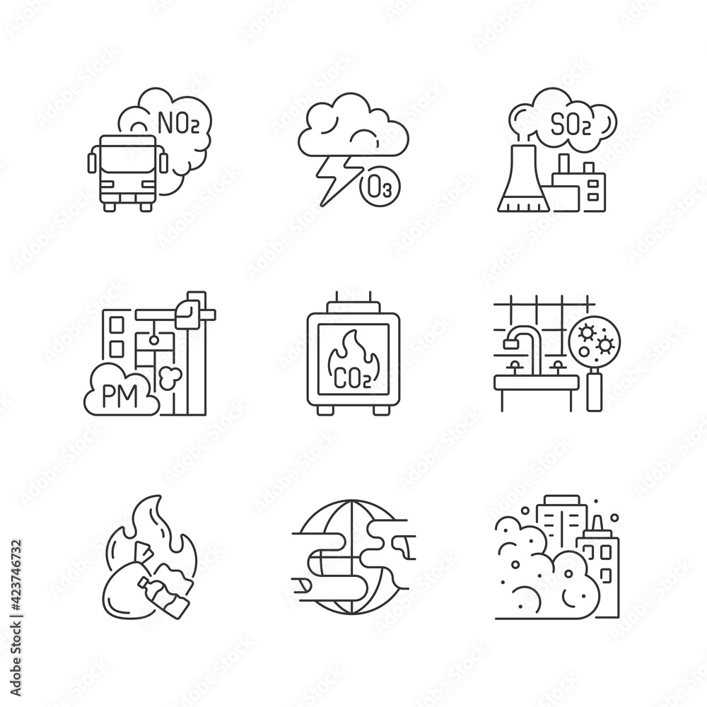 Air pollution linear icons set. Dangerous and toxic dust in air. Health ...