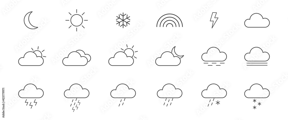 Weather line icons set. Outline meteorology shapes. Collection of thin ...
