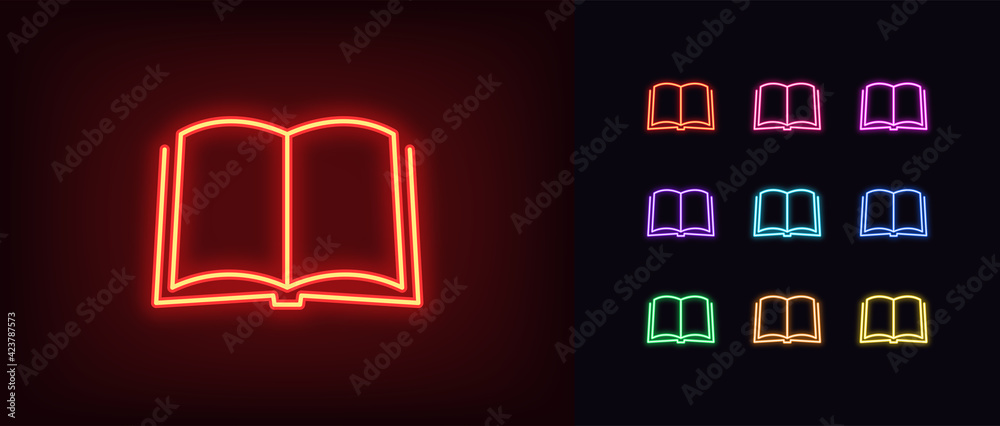 Neon open book icon. Glowing neon book sign, outline textbook ...