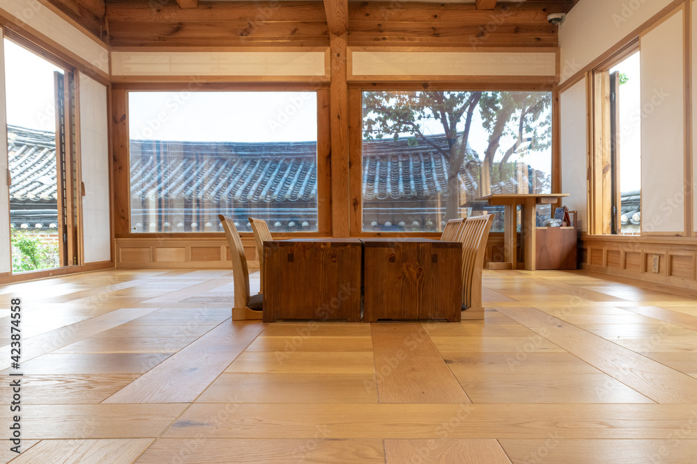 Wooden Korean Table and Floor Chairs in Traditional Korean House in the ...