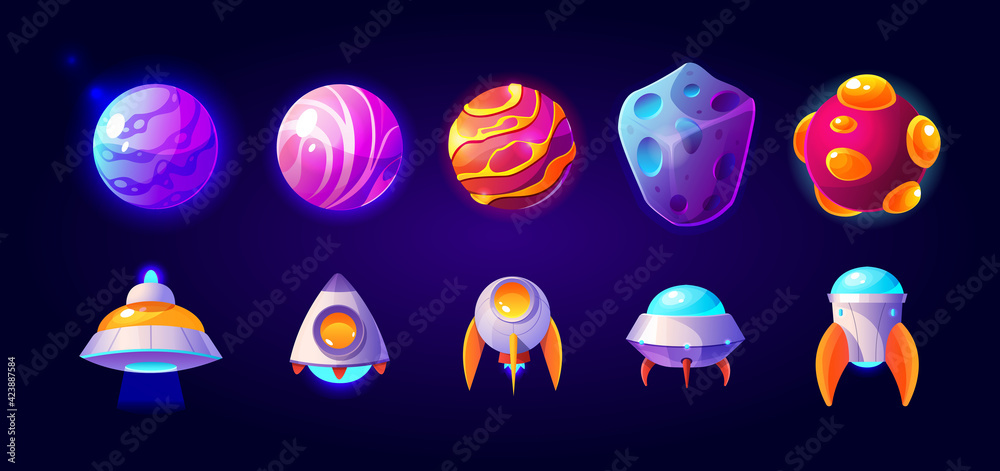 Ufo, spaceships and rockets with planets or asteroids, alien shuttles ...