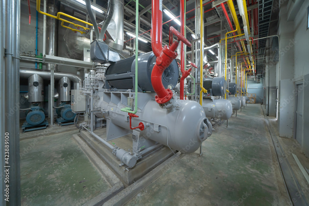 Inside of Industry factory. Chiller tower or cooling tower in building ...