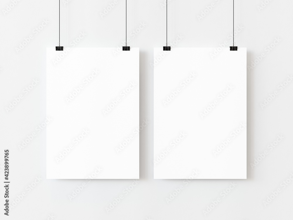 Set of two blank vertical rectangle poster template hanging on a thread ...