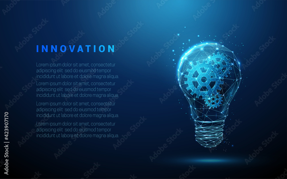 Abstract blue glowing light bulb with gears inside. Artificial ...