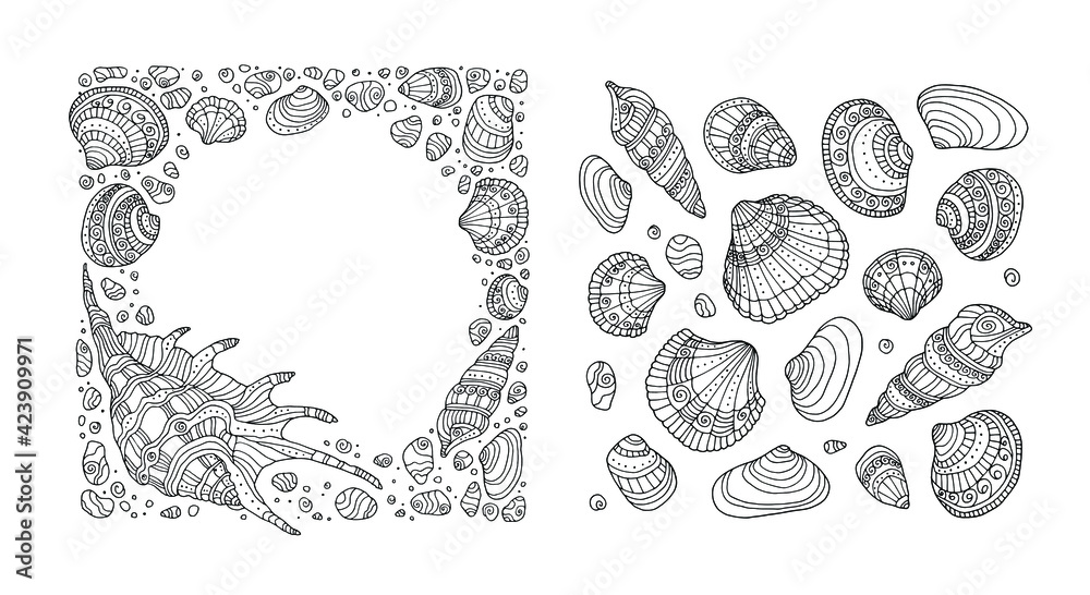Sea shell border. Seashell pattern, clipart. Vector illustration ...