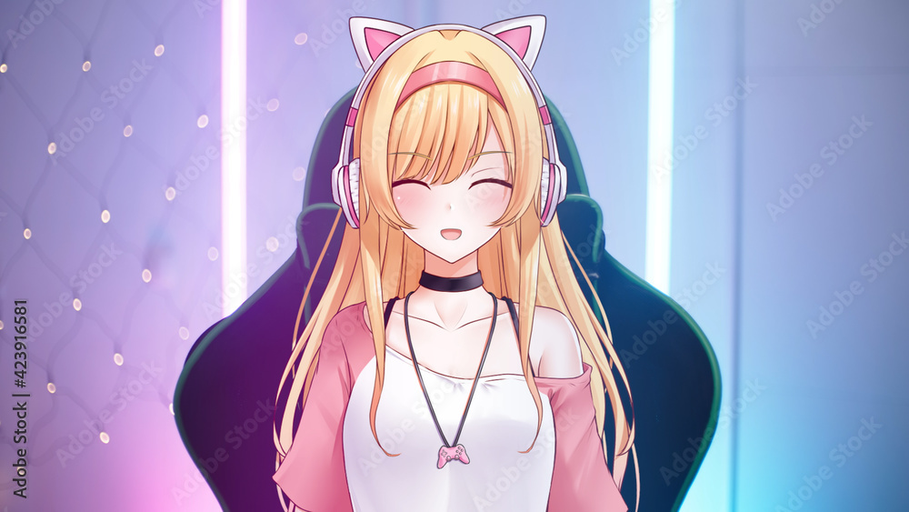 Ilustração Cute anime girl vtuber on gaming chair interact with stream ...