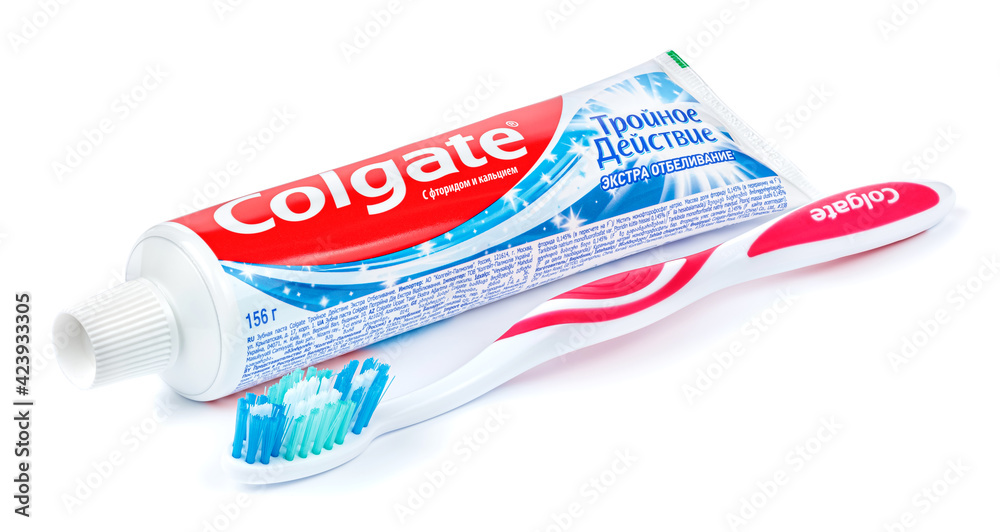Moscow, Russia - March 27, 2021: Colgate toothbrush with colored ...