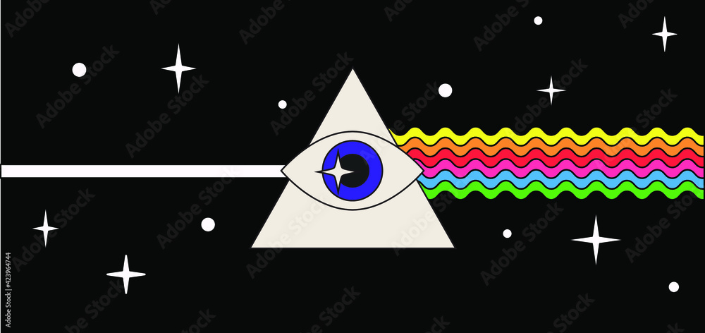 Flat cartoon-style illustration with a triangular dispersive optical ...