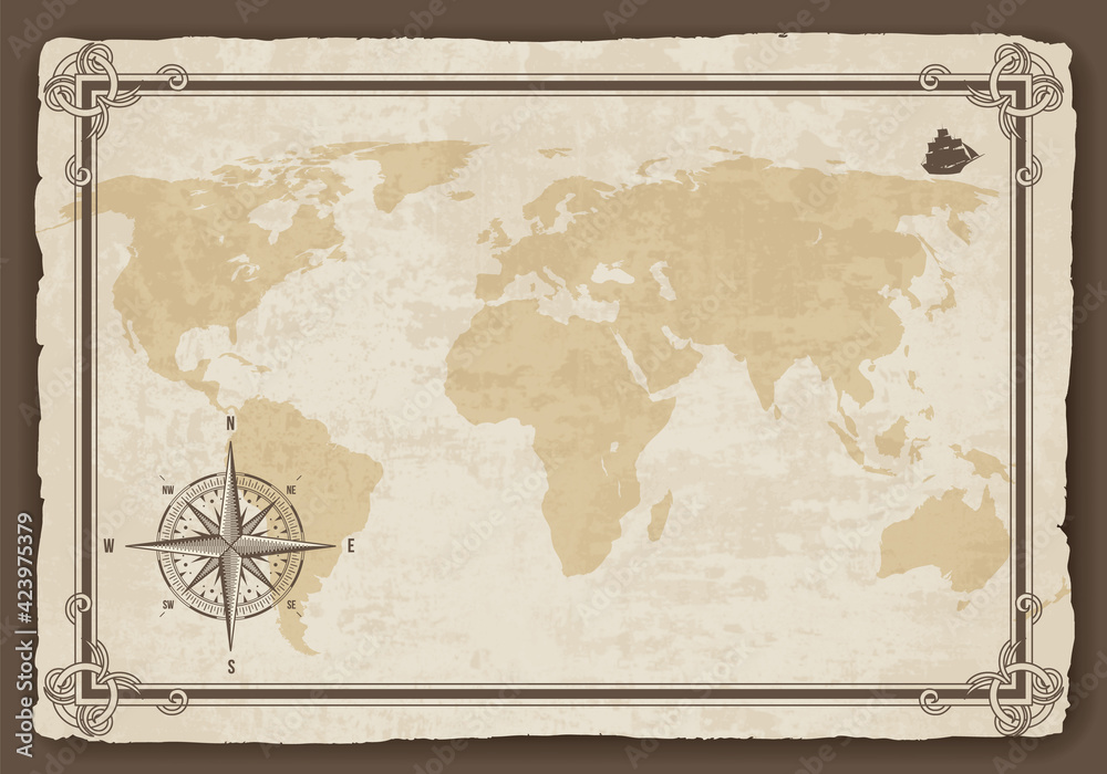 Old world map. paper texture with border frame. Wind rose. Vintage ...