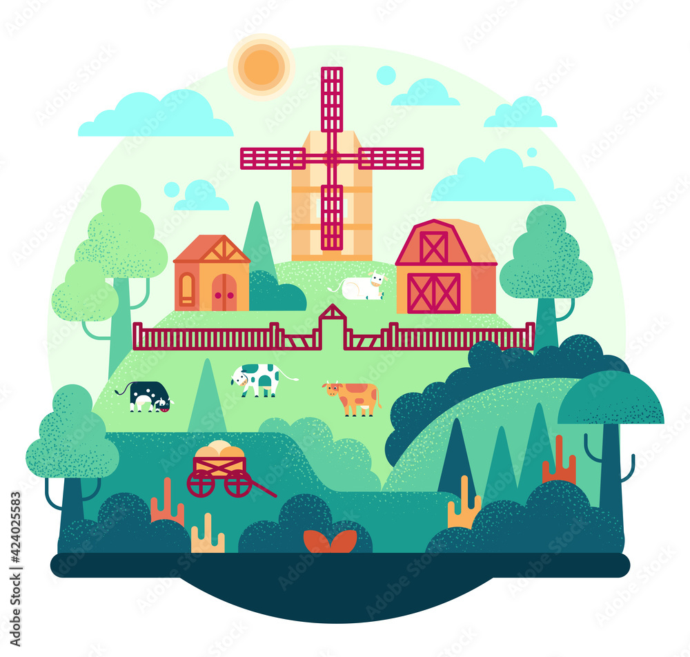 Lovely countryside - farm, village, mill, grazing cows, clouds, trees ...