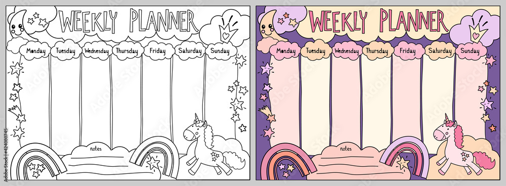 Weekly planner with unicorn and rainbow in cartoon style. Kids schedule ...