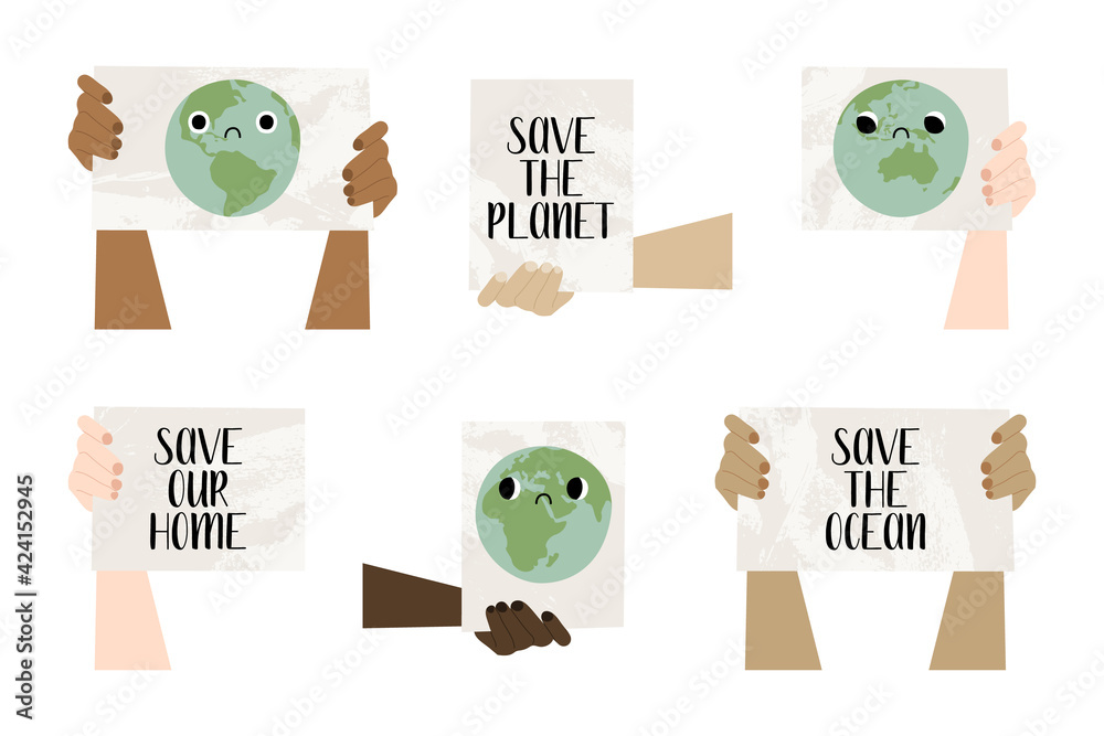 Image vectorielle Stock Save Earth, stop pollution. Hands holding ...