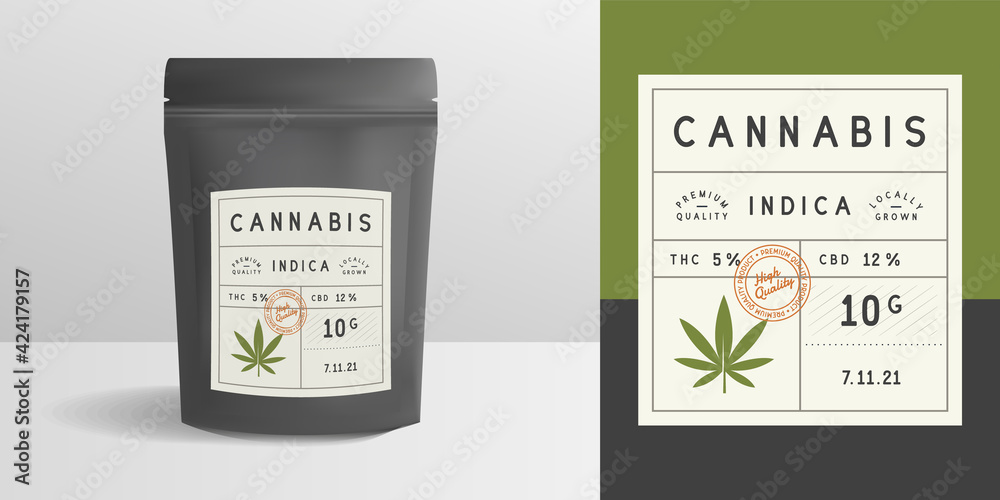 Cannabis zip package, pouch mockup. Vintage trendy label, sticker ...