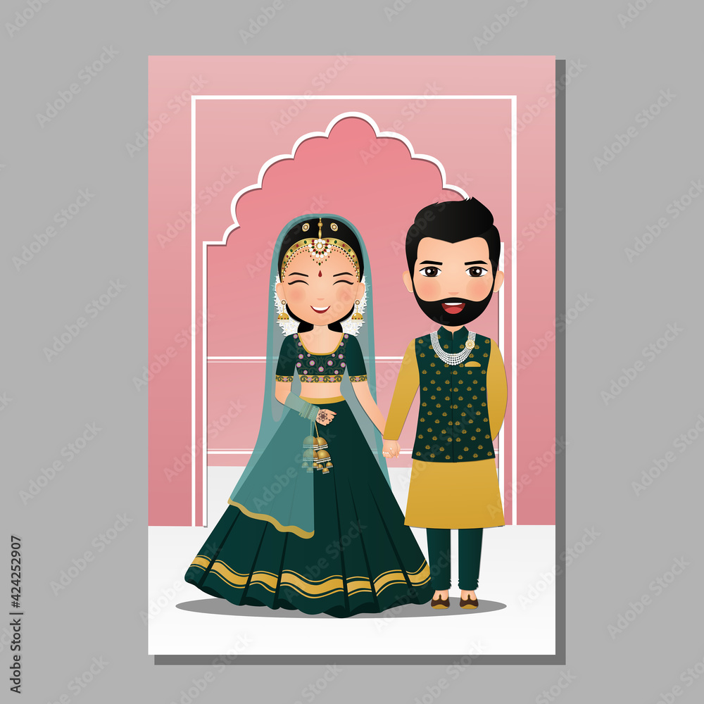 Cute couple in traditional indian dress cartoon character.Romantic ...