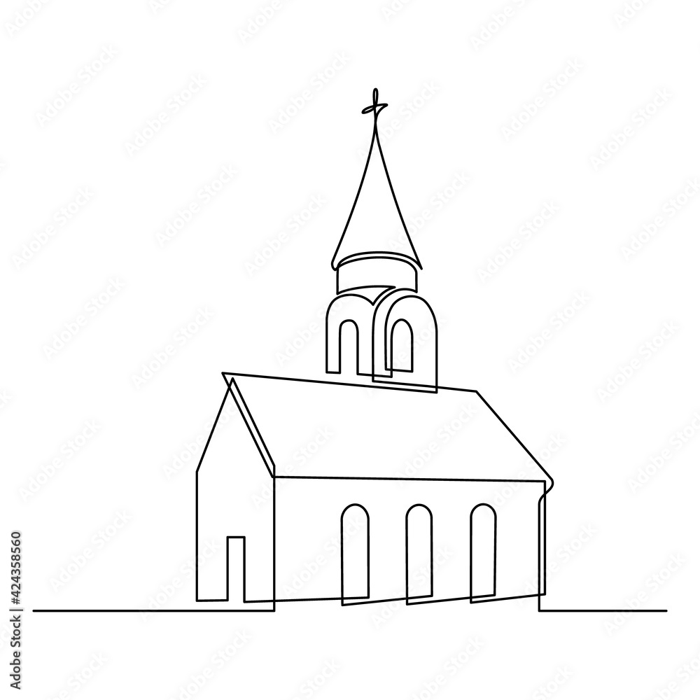 Church in continuous line art drawing style. Abstract church building ...