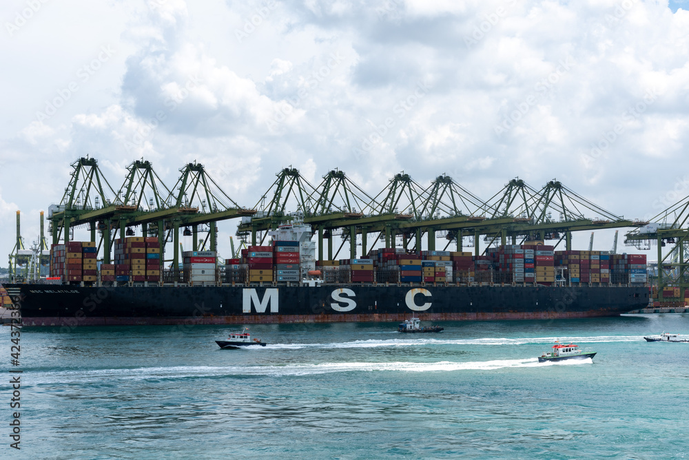 Container ship "MSC Samar" berthed at cargo terminal in port of Singapore. Cargo operations in ...