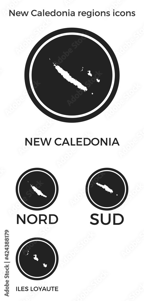 New Caledonia regions icons. Black round logos with country regions ...