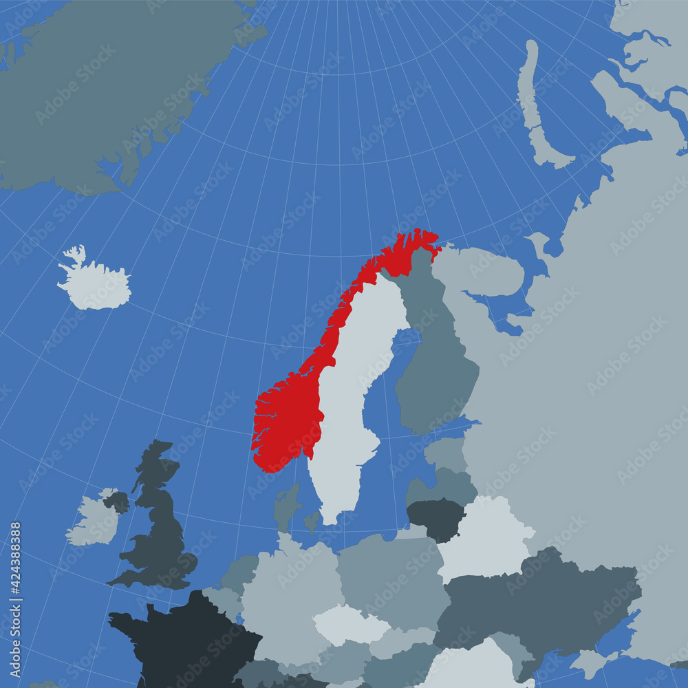 Shape of Norway highlighted in red on a world map, showing its location ...