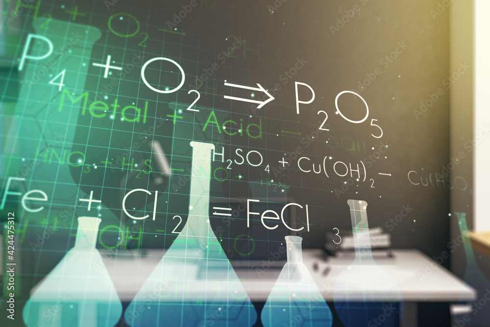 Creative chemistry illustration and modern desktop with pc on ...