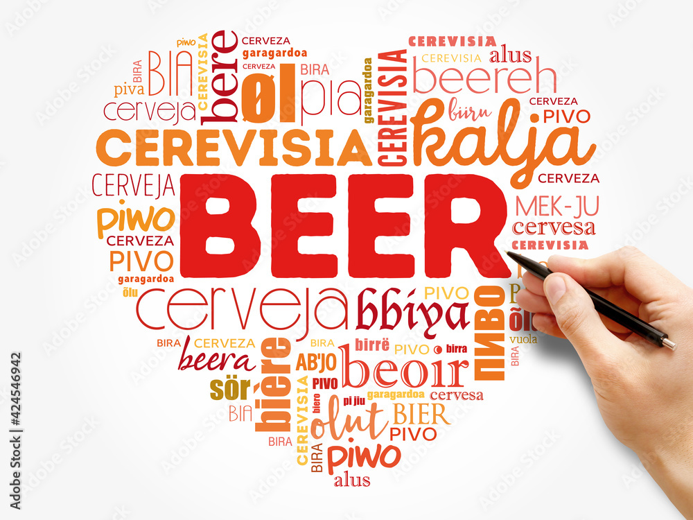 BEER love heart in different languages of the world, word cloud concept ...