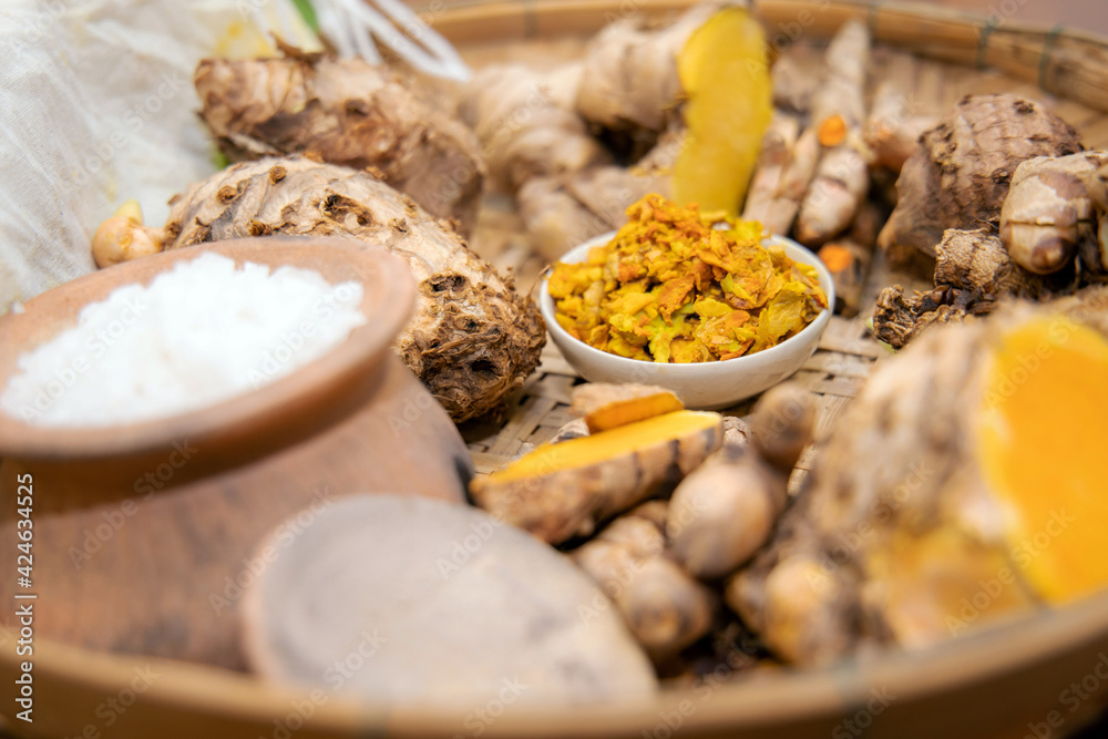 Herbs in bamboo basket ingredients for override the salt pot hot ...