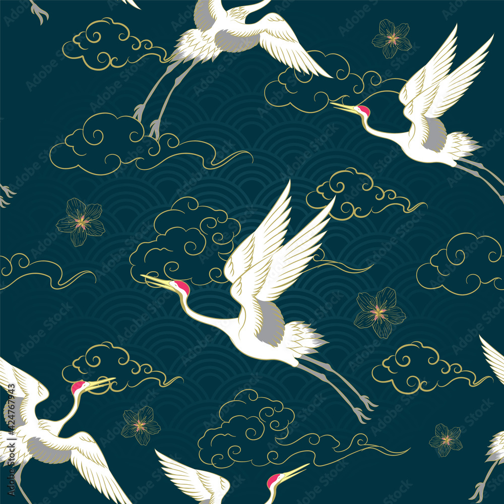 Seamless Japanese Repeat Pattern Standing and Flying Cranes with Many ...