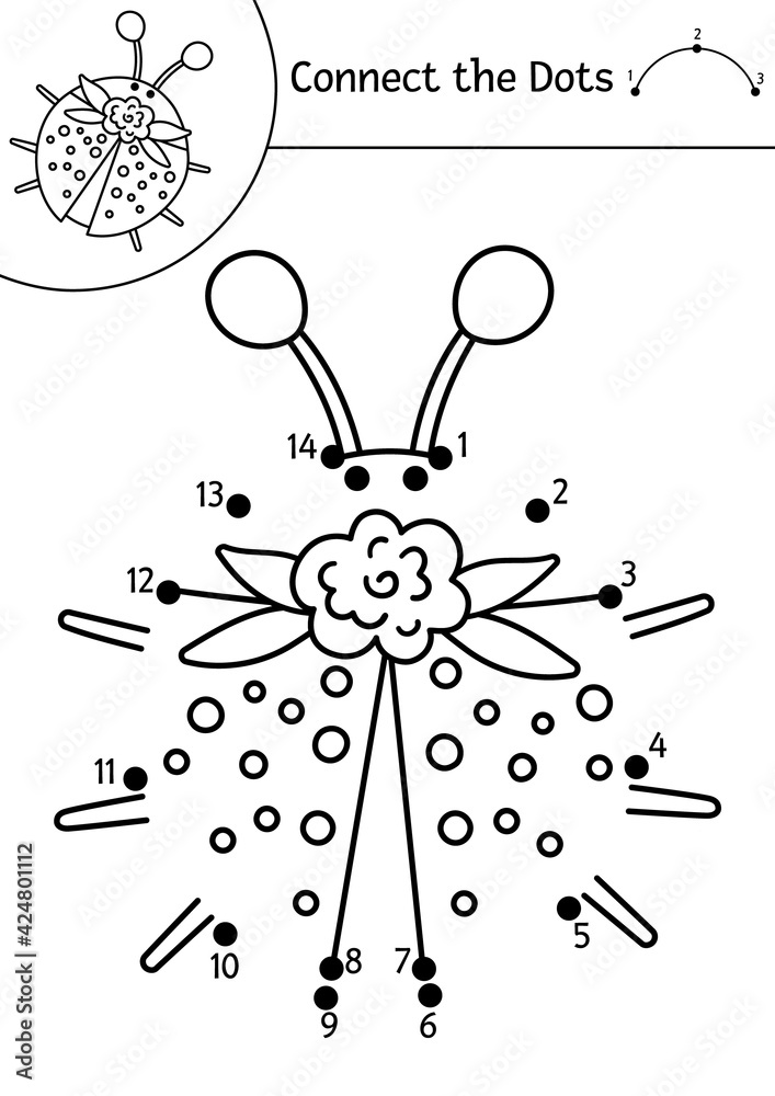 Vector dot-to-dot and color activity with cute ladybird. Spring holiday ...