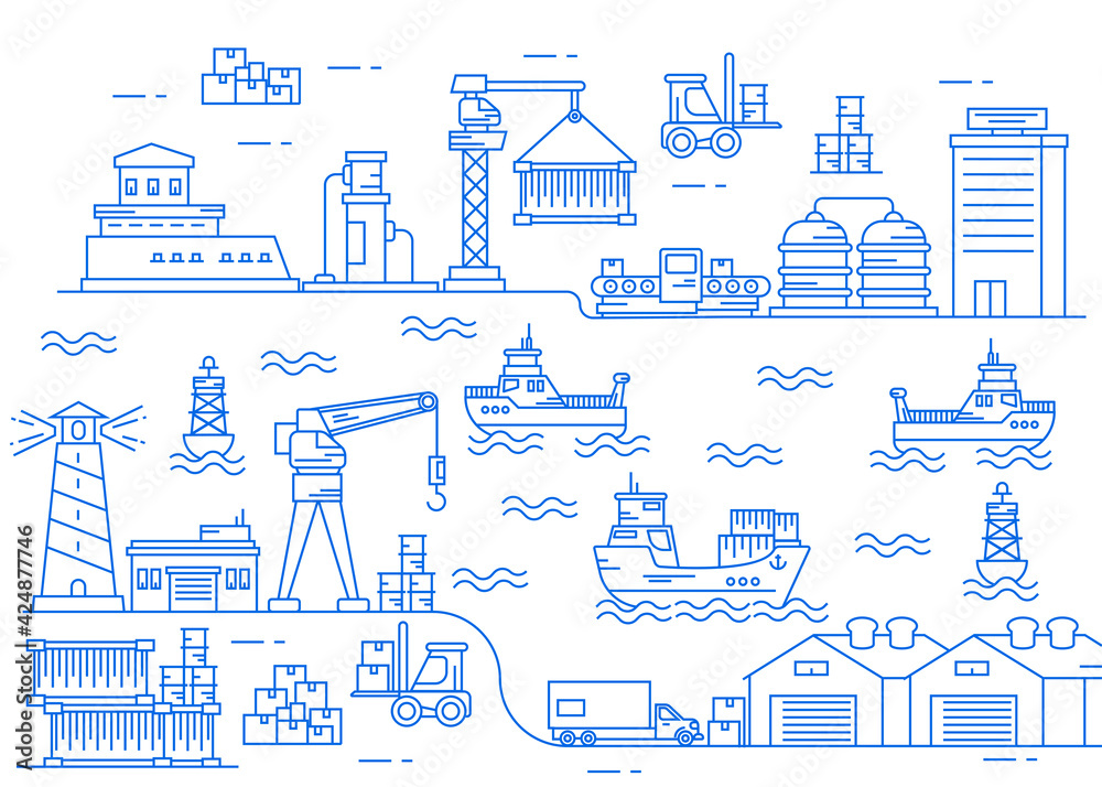 Seaport Dock area Illustration Line art vector Stock Vector | Adobe Stock