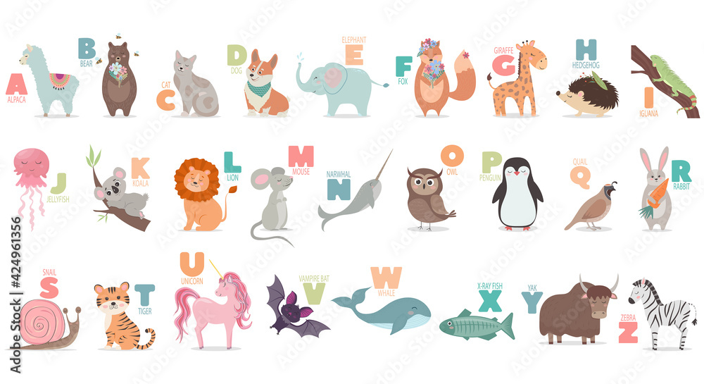 English alphabet with cute cartoon animals for kids education. Letter ...