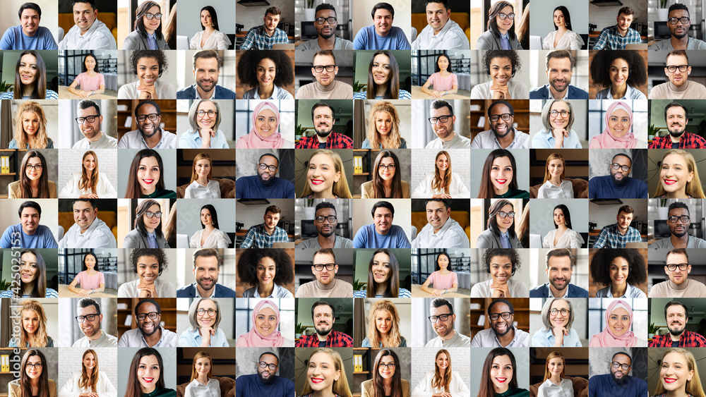 Video conference concept. Banner, screensaver, collage with a lot of ...