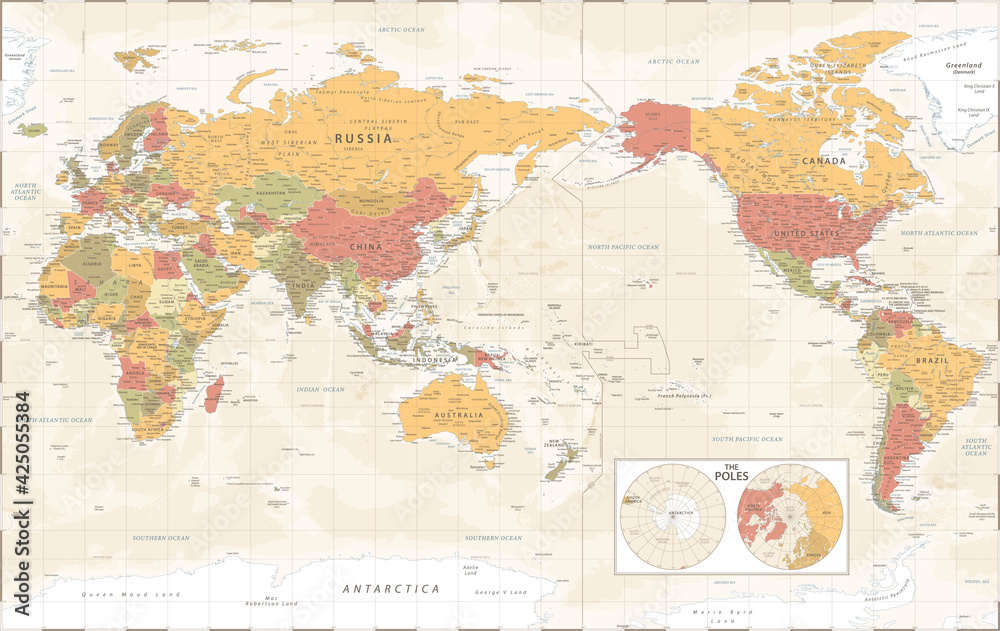 World Map - Pacific China Asia View - The Poles - Vintage Physical ...