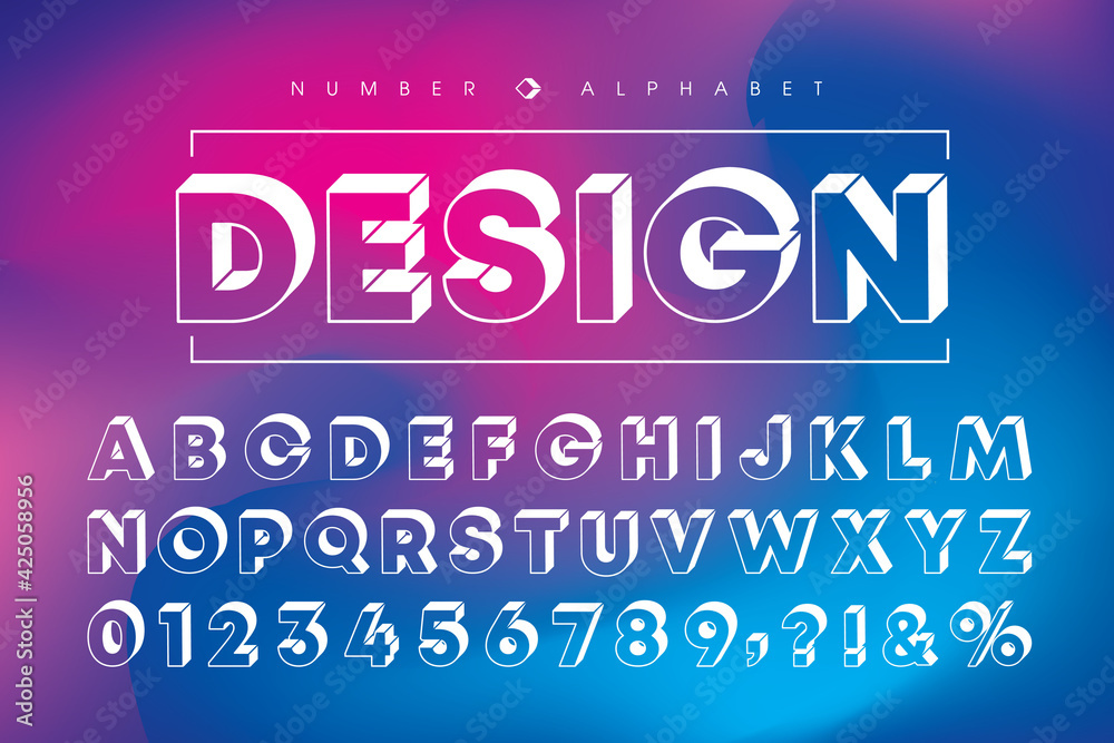 White isometric alphabet letter and number set. Modern 3 dimensional ...