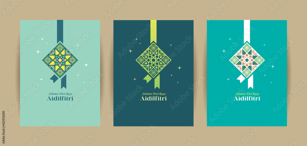 Hari Raya Aidilfitri greeting card template set. 3 different colors of ...