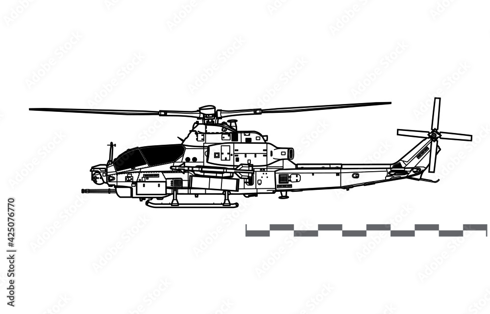 Bell AH-1Z Viper. Vector drawing of attack helicopter. Side view. Image ...