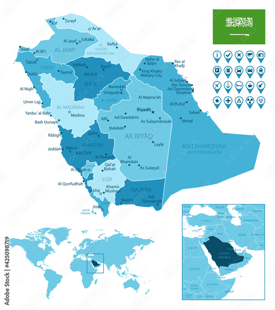 Saudi Arabia detailed administrative blue map with country flag and ...