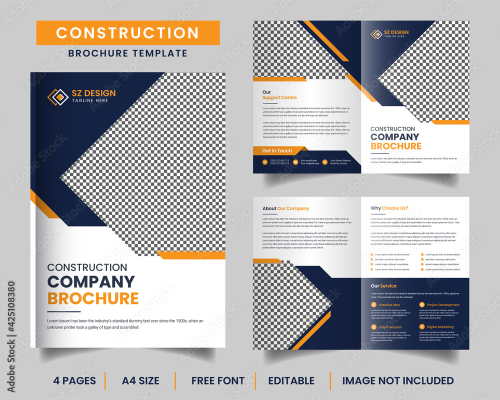 Construction bifold brochure design template with yellow and black ...