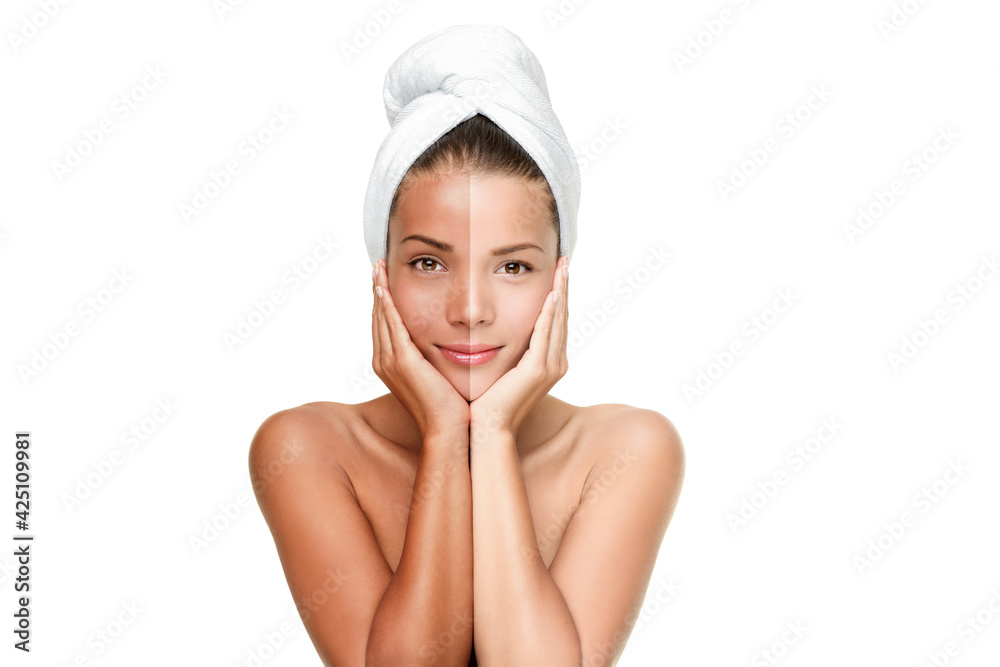 Skin whitening Asian beauty woman touching face comparison between dark ...
