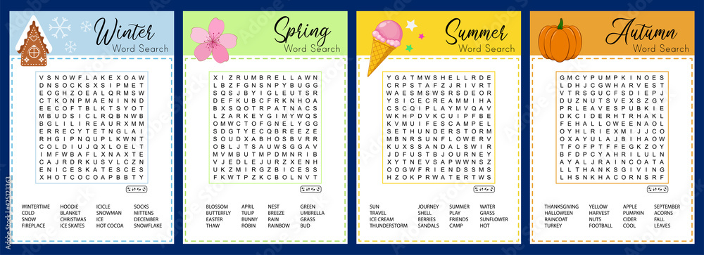 Collection of Seasons word search puzzle. Winter, spring, summer ...