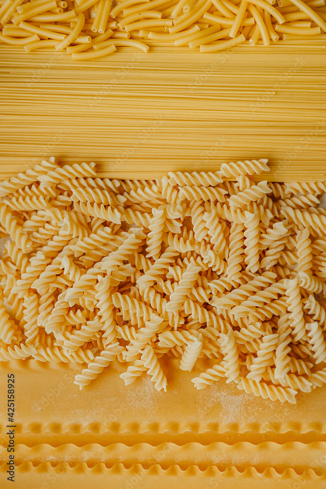 Different shapes and types of raw pasta: Curly Macaroni ,Vermicelli ...