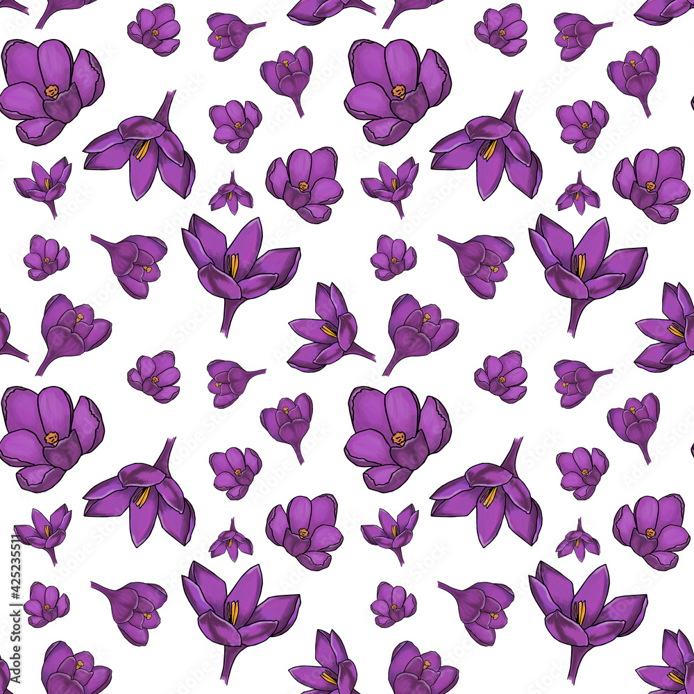 Seamless pattern with crocus illustration on white background, great ...