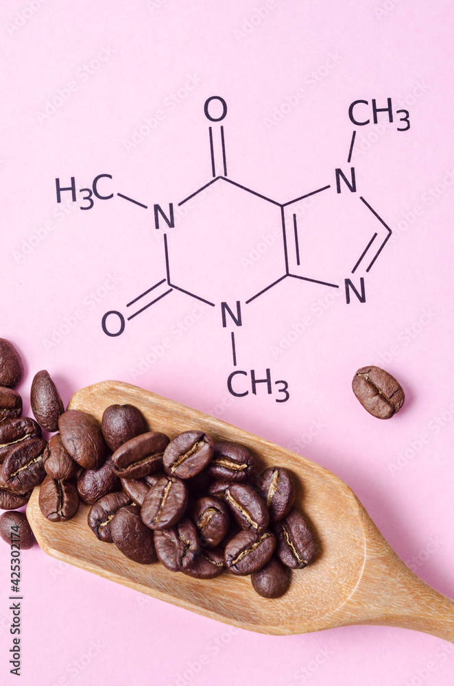 Structural chemical formula of caffeine molecule with roasted coffee ...