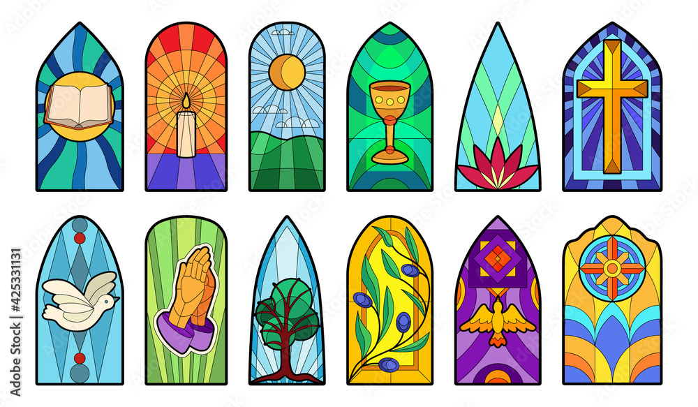 Stained glass vector cartoon icon set . Collection vector illustration ...