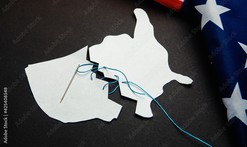 torn map of America USA is sewn back together as a symbol of healing ...